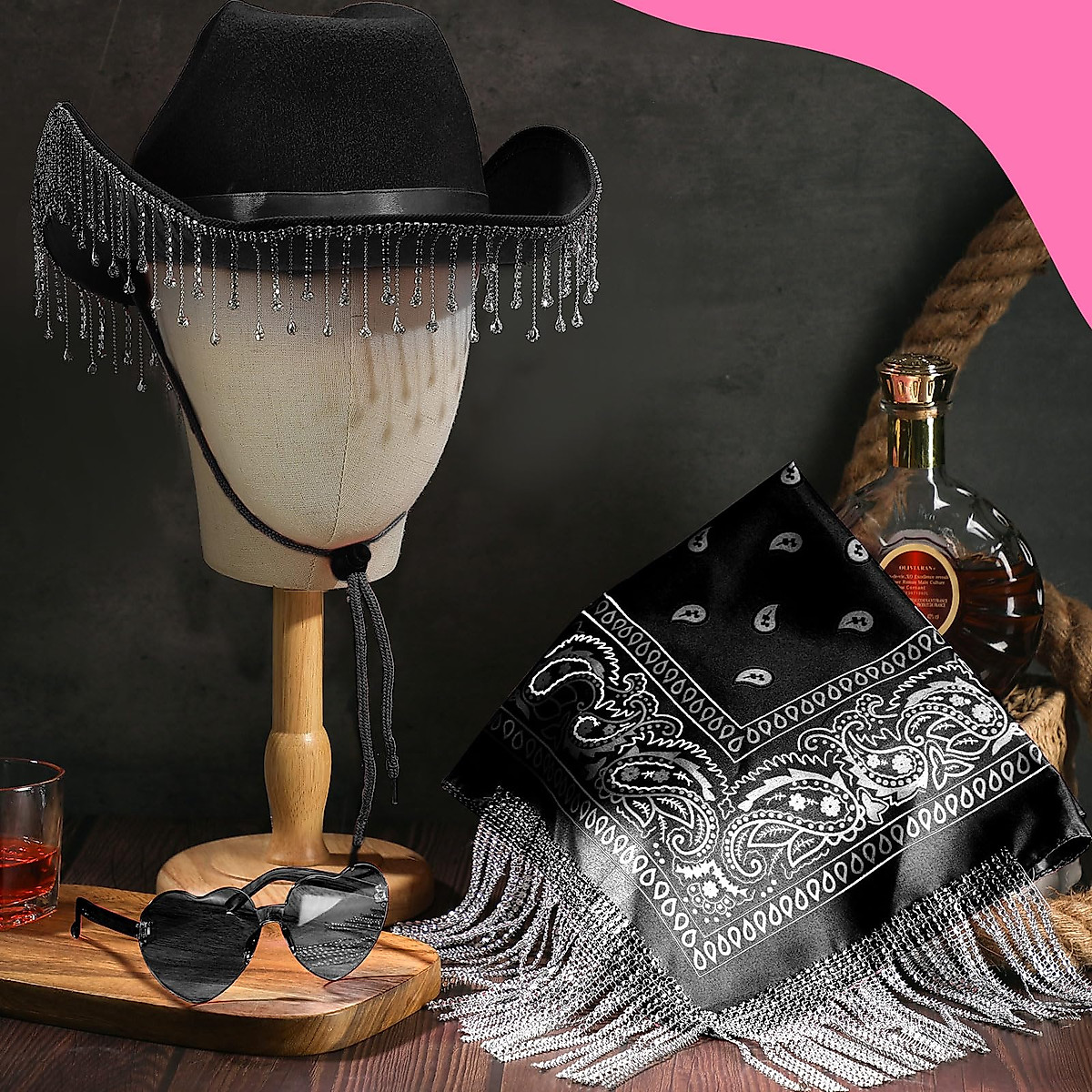 Leumoi 3 Pcs Rhinestone Cowgirl Hat with Fringe Rhinestone Bandana and Heart Sunglasses Bling Diamond Fringe Cowboy Hat (Black)