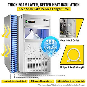 VEVOR 110V Commercial Snowflake Ice Maker 132LBS/24H, ETL Approved Food Grade Stainless Steel Flake Ice Machine Freestanding Flake Ice Maker for Seafood Restaurant, Water Filter and Spoon Included