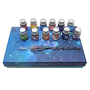 XIAOYU Mermaid Story Glass Pen, Mermaid Story Glass Dip Pen Ink Set, Mermaid Story Calligraphy Dip Pens, Starry Sky Crystal Calligraphy Pen and Ink Set with 12 Colorful Inks, Purple