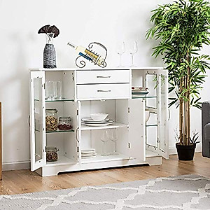 Giantex Sideboard Buffet Server Storage Cabinet W/ 2 Drawers, 3 Cabinets and Glass Doors for Kitchen Dining Room Furniture Cupboard Console Table (White)