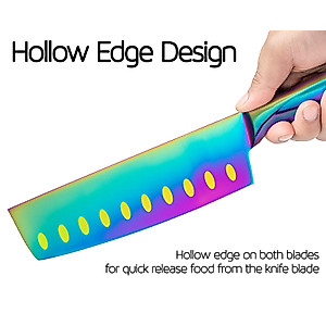WELLSTAR Nakiri Knife 7 Inch, Razor Sharp German Stainless Steel Meat Vegetable Cleaver, Multi-purpose Asian Kitchen Knife for Home Chef’s Cooking with Rainbow Titanium Coating, Strong Durable Handle