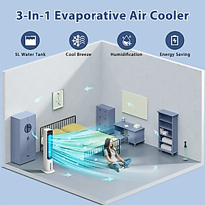 LifePlus Portable Evaporative Cooler, Swamp Bladeless Tower Fan Air Conditioner with Ice Cooling & Humidification, 4Ice Packs, 70°Oscillation, Low Noise for Kitchen Bedroom Office, 1.32 Gallon, White