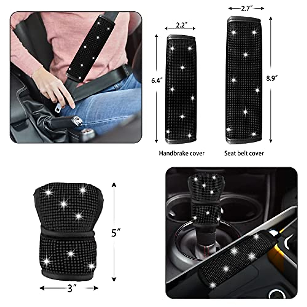Yixin 20pcs Bling car Accessories Set for Women,Sparkly Phone Holder, Car Mount, Seat Belt Cover, Car Shift Gear Cover, Handbrake Cover, Car Cup Holder Coaster, Glasses Clip, Hook, (Black-20Pcs)