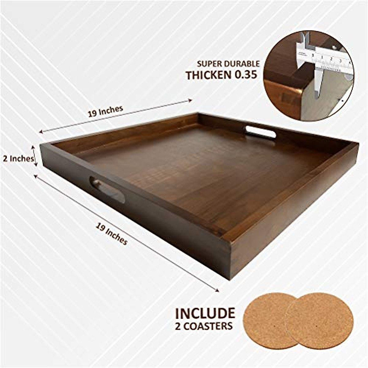 Large Ottoman Tray | 19 x 19 inches Oversized Square Solid Black Walnut Wooden Table Serving Tray | with Handles - Durable - Sleek Design for Coffee, Tea, Breakfast Platter, Decorative
