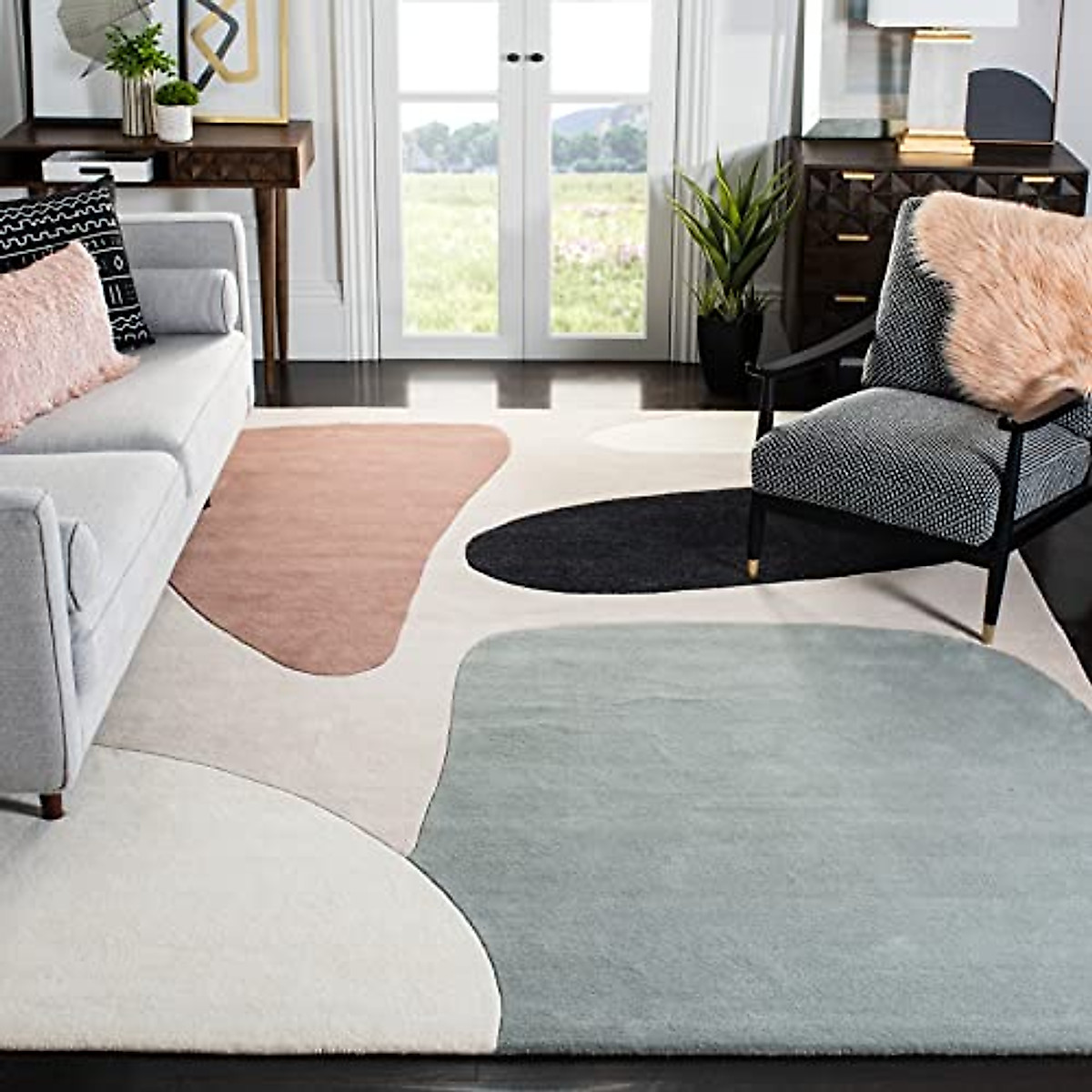 SAFAVIEH Fifth Avenue Collection 9' x 12' Beige/Black FTV119B Handmade Mid-Century Modern Abstract New Zealand Wool Living Room Dining Bedroom Area Rug