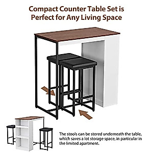 Panana 3 Piece Dining Table Set Kitchen Bar Table with Two Stool Storage Shelves Wood Counter Height Table Top with Sew Kerf Finish Dining Room Home