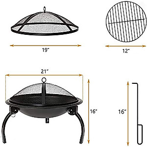 Portable Outdoor Fire Pit Bowl, Round Wood Burning Fire Pit with Spark Screen, Fireplace Poker, for Outside Garden Picnic, Black