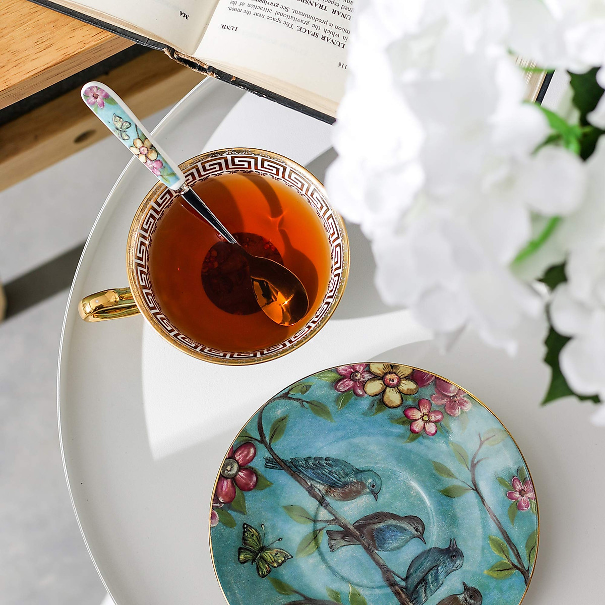 Panbado 3 Piece Bone China Tea Cup Saucer Set with Spoon Porcelain Gold Rimmed Teacup Coffee, Flower and Birds, 200 mL/6.8 oz, Blue Cup & Saucer, Dark