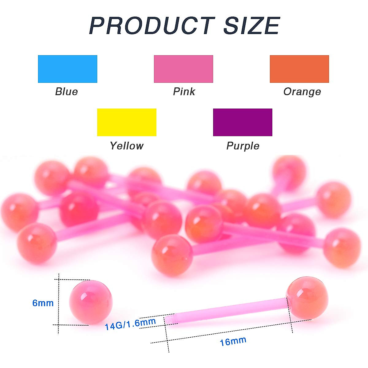 CrazyPiercing 10Pcs 14G 16mm Glow in The Dark Flexible Acrylic Tongue Ring or Nipple Ring Staight Tongue Barbell Retainer Piercing Jewelry (Pink)