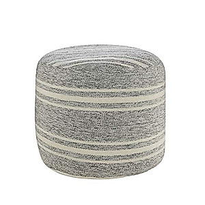 LR Home Ox Bay Farmhouse Triple Stripe Indoor Outdoor Pouf, Gray/White, 18" x 18" x 14"