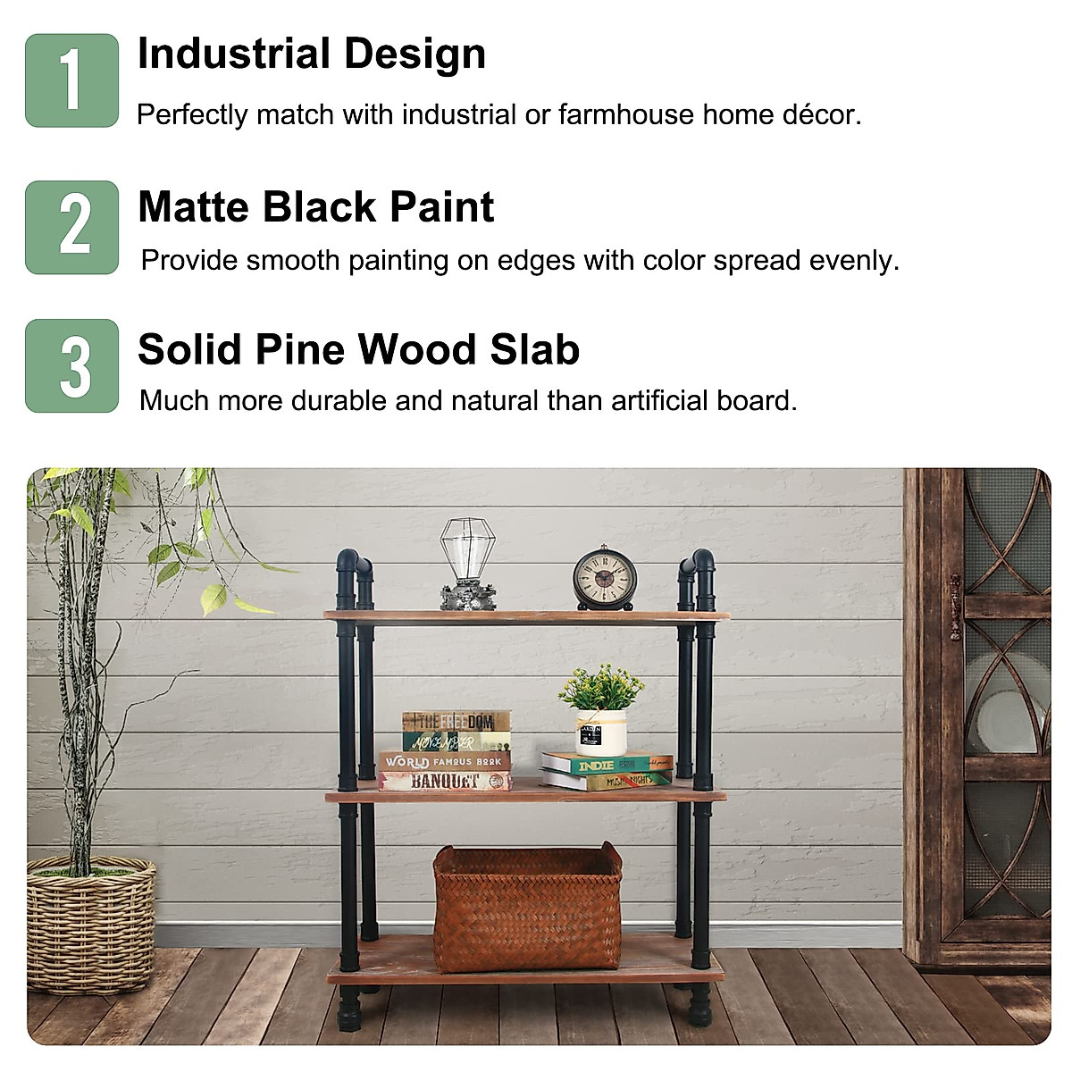HouseAid 3 Tier Industrial Pipe Etagere Bookcase, Rustic Farmhouse Standing Shelf, Real Pine Wood Open Shelves for Living Room, Bathroom and Kitchen, Wall Mounted, Matte Black (39.4”×31.5”×11.8”)