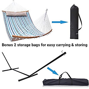 Double Hammock with Stand Included: Ohuhu 55x75 Inch 2 Person Hammock Quilted Fabric 12.3 FT Steel Stand, Portable Hammocks with Curved Bar Pillow Carrying Bags for Indoor Outdoor, 450 LB Capacity