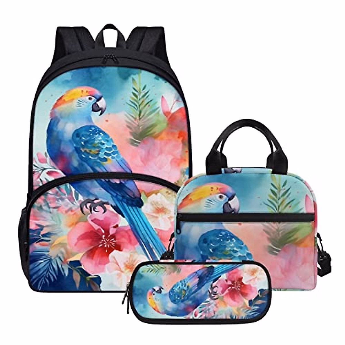 Parprinty Blue Floral Bird Parrot Backpack Set for Girls Kids Lightweight Cute School Backpack with Lunch Box Pencil Case Adjustable Strap Padded Book Bag Insulated Lunch Bag