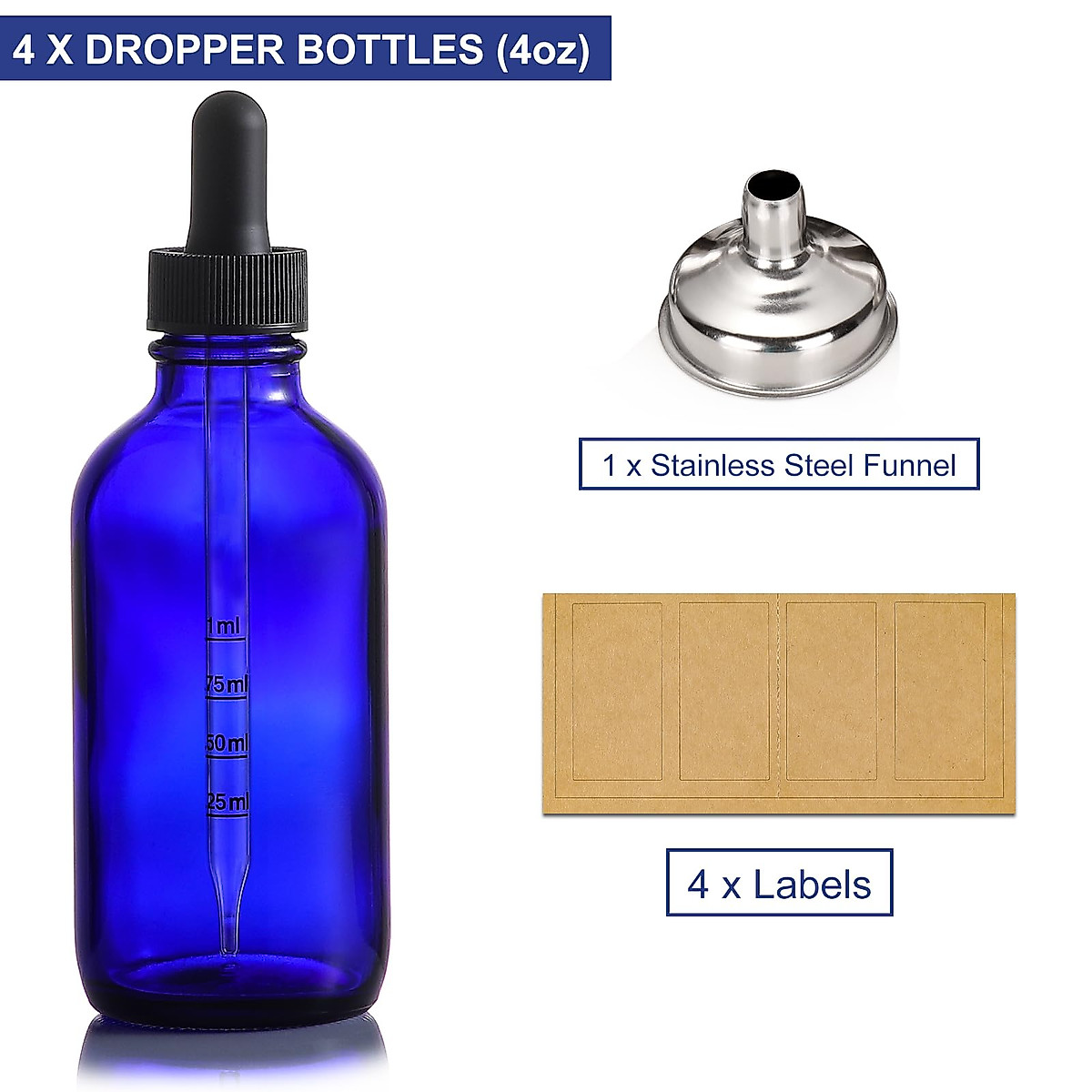 4 Pack 4oz Glass Dropper Bottles with Measured Dropper - 120ml Dark Blue Tincture Bottles with Graduated Calibrated Glass Eye Droppers (1ml) for Essential Oils, Liquids - Leakproof Travel Bottles