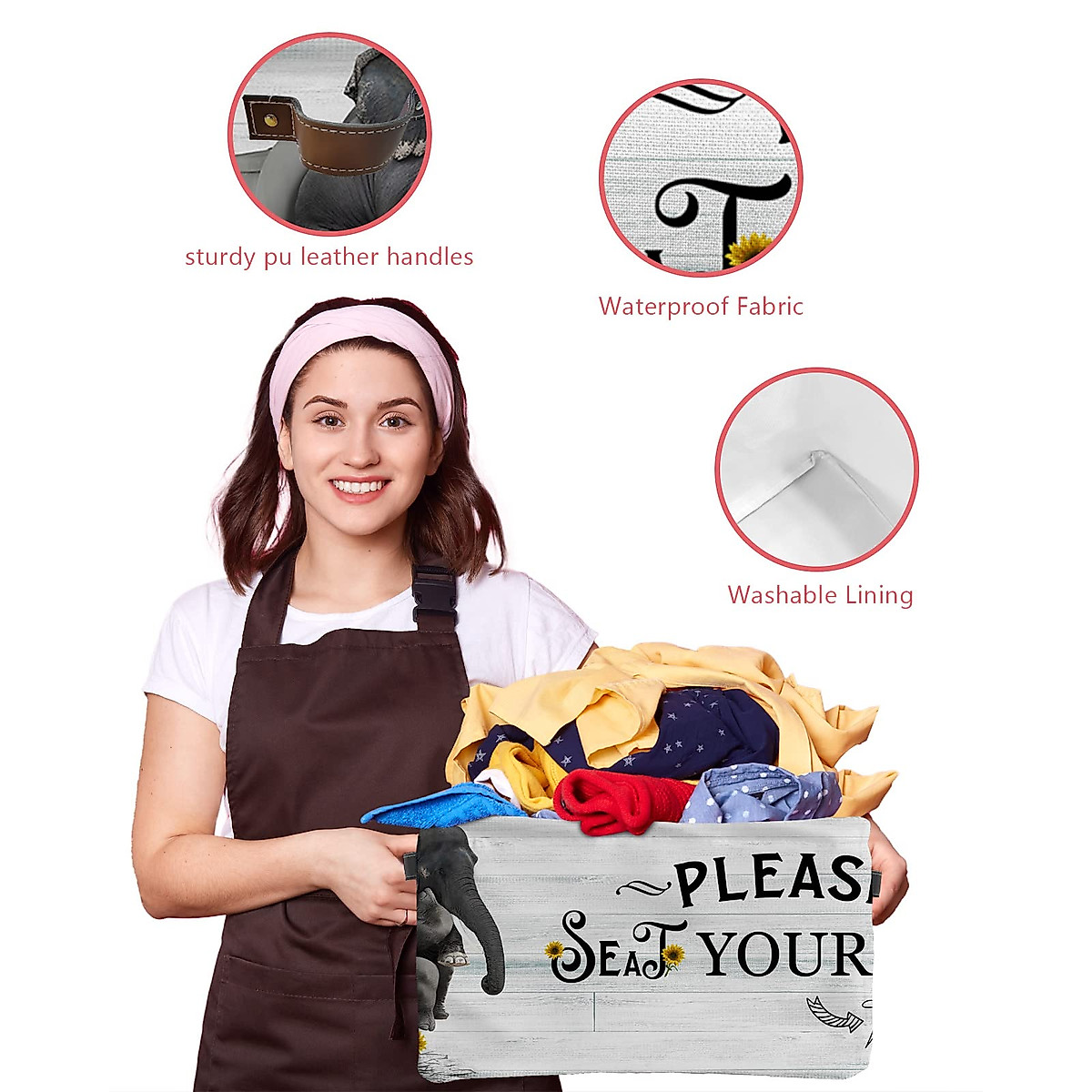 Storage Bins Cubes Waterproof Cloth Storage Basket, Elephant Sitting on Toilet Please Seat Foldable Storage Bags Closet Clothes Storage Organizers with Handles 15x11x9.5 in Rural Sunflower Wood