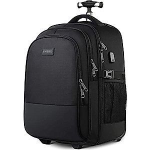Backpack with Wheels, Large Rolling Backpack for Men Women, Water Resistant Business Travel Carry on Wheeled Backpack Bag, Durable Roller College School Computer Bookbag Fits 15.6 Inch Laptop, Black