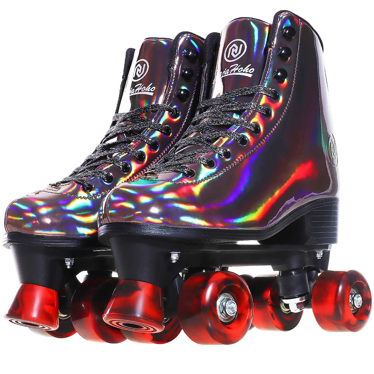 JajaHoho Roller Skates for Women and Men, Holographic High Top Classic Rollerskates, Shiny Double-Row Four Wheels Quad Skates for Girls, Age 8-50 Indoor & Outdoor (Size 6, Golden Black)