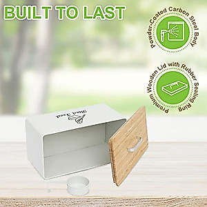 Brabtod Bird Seed Storage Container-Rectangular Pet Food Tin-with Bird Seed Scoop,Metal Airtight Bird Food Feeder with Wooden Lid, Ideal Store Sunflower Seed Wild Birdseed-White