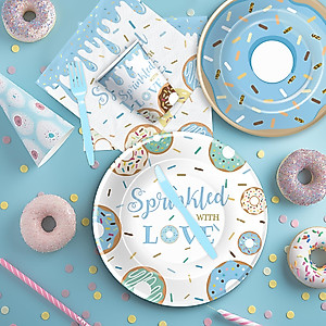 Suhelkit Donut Baby Sprinkle Decorations For Boy - Blue Sprinkled with Love Baby Shower Party Supplies, Plate, Napkin, Cup, Tablecloth, Cutlery, Donut Baby Shower Decorations Tableware, 24 Guests