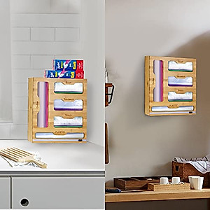 Plastic Bag Organizer for Kitchen Drawer, Bamboo Baggie Organizer and Wrap Dispenser with Cutter, Bag storage organizer Compatible with Gallon Quart Sandwich Solimo Glad Snack Variety Size Bag