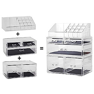 Sooyee Makeup Organizer,Acrylic Cosmetic Organizer Storage Drawers Jewelry and Cosmetic Display Cases Box(5 Drawers 7 Tiers) 3 Pieces Stackable,Clear