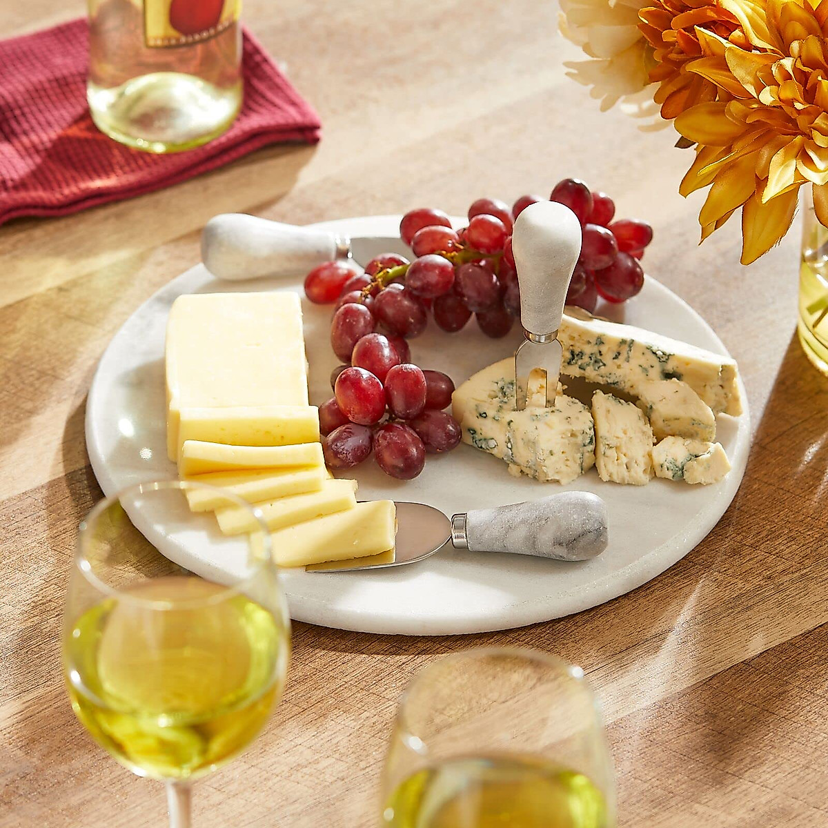 mDesign Large Round Slab Stone Kitchen Countertop Pastry Cutting Board, Serving Tray for Bread, Breakfast, Snacks, Cheese, Pizza, Appetizers - Use for Chopping, Cooking, Baking, Cooling - Marble