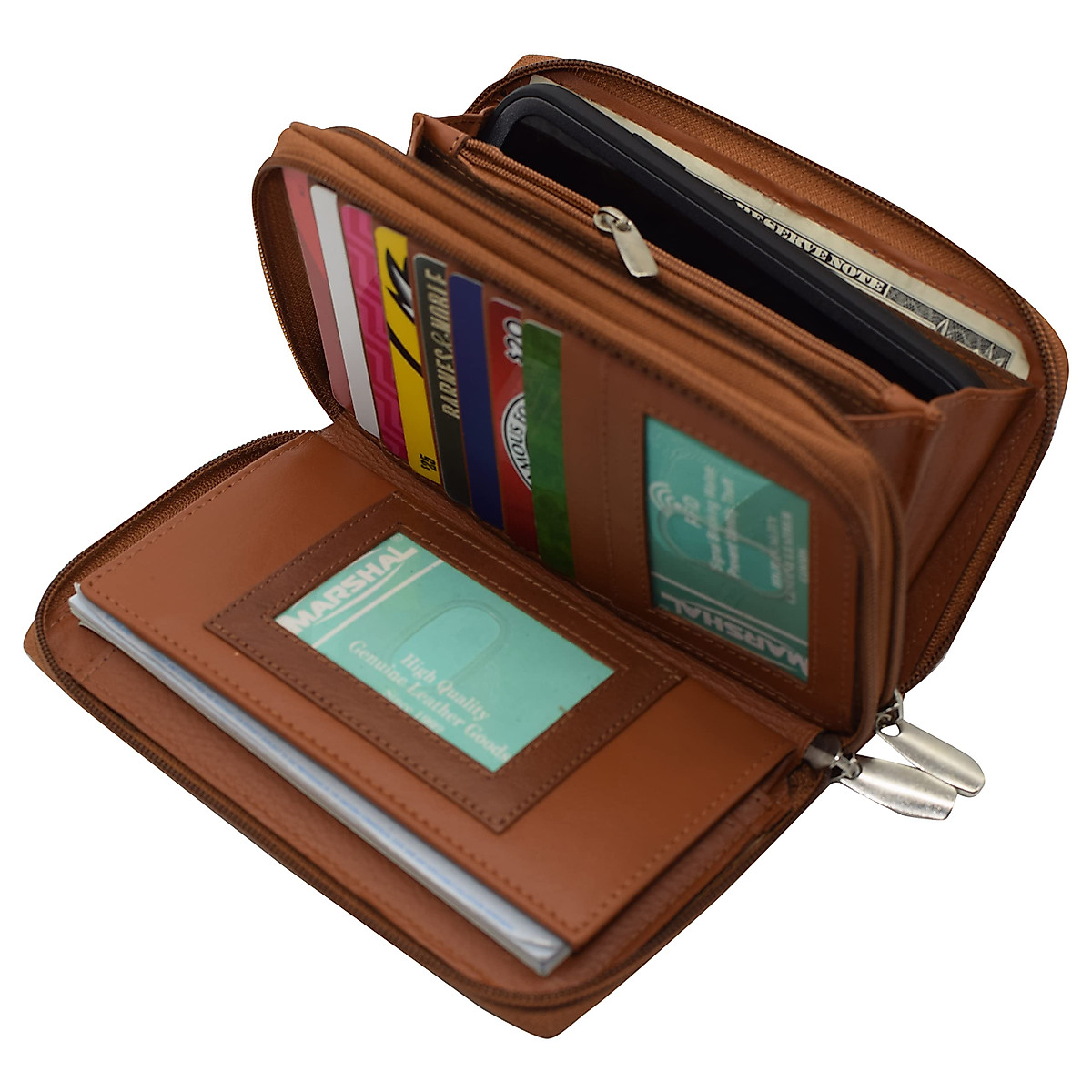 MARSHAL Genuine Leather Womens RFID Blocking Security Double Zip-around Indexer Phone Wallet (Tan)