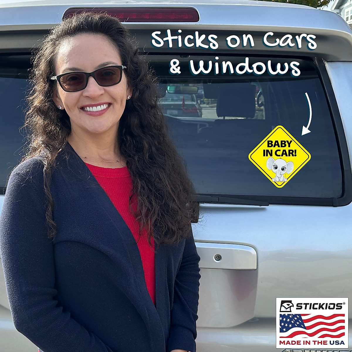 Stickios Baby in Car Stickers for Boys & Girls (2-Pack) - Paint-Safe, Removable, Non-Magnetic Baby Safety Stickers for Cars & Windows - Baby Elephant (2 Vinyl Decals)