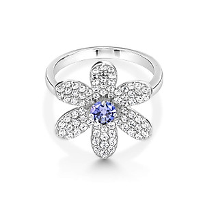 Gem Stone King 925 Sterling Silver 4MM Round Gemstone Birthstone Flower Ring For Women By Keren Hanan | Available in Size 5,6,7,8,9