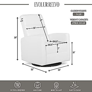 Evolur Reevo Upholstered Faux Leather Seating Glider Swivel, Rocker, Glider Chair for Nursery in White, Modern Nursery Glider, Tool-Free Assembly, Easy to Clean, Environmentally Conscious Rocker