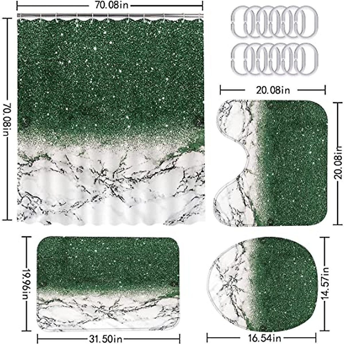 JQH store 4PCS Green Marble Shower Curtain Set with Non-Slip Rugs Toilet Lid Cover and Bath Mat Shower Curtain with 12 Hooks Bathroom Sets with Shower Curtain and Rugs and Accessories