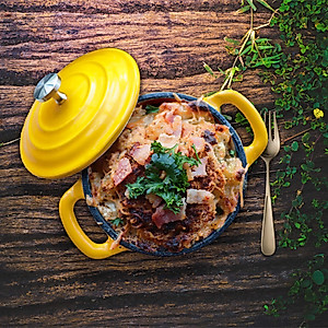 RJ Legend 8.5 oz. Mini Cocotte with Lid, Set of 3 Small Dutch Oven for Baking, Enameled Cast Iron Ramekin, 0.25 Quart, Orange/White/Yellow, 3 Piece