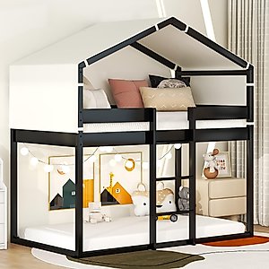 House Bunk Bed Twin Over Twin, Twin Bunk Beds with Ladder and Tent, Floor Bunk Bed/Wood Bunk Bed with Guardrail House Bunk Beds for Kids, Girls, Boys, Espresso