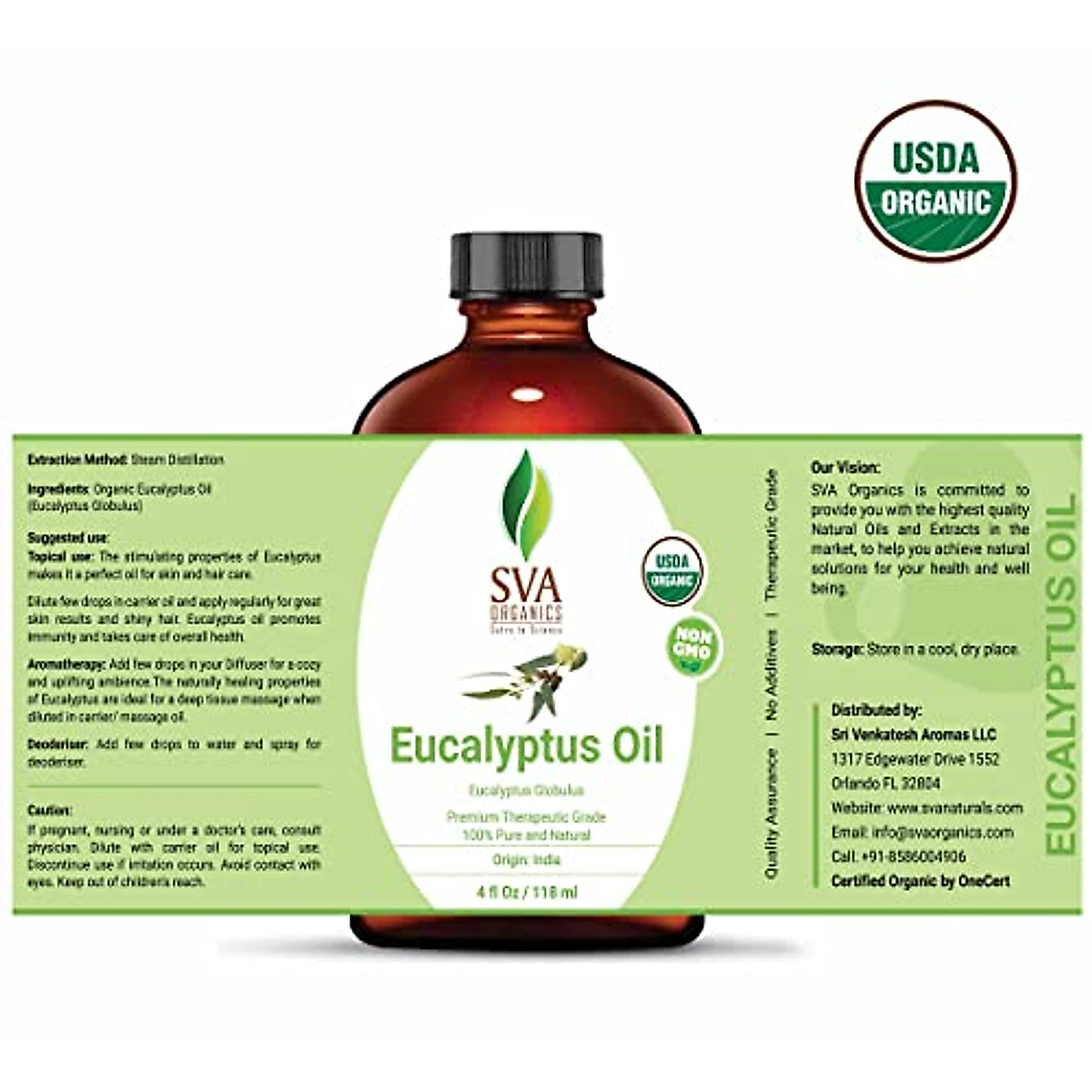 SVA Organics Eucalyptus Essential Oil Organic 4 Oz USDA with Dropper 100% Pure Natural Undiluted Premium Therapeutic Grade Oil for Diffuser, Aromatherapy, Face, Body & Hair Care