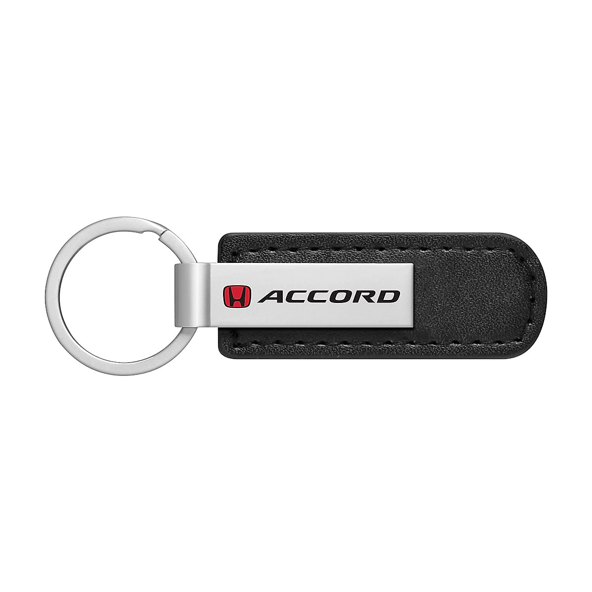 iPick Image for Honda Red Logo Accord Silver Metal Plate Black PU Leather Strap Key Chain Keychain, Official Licensed