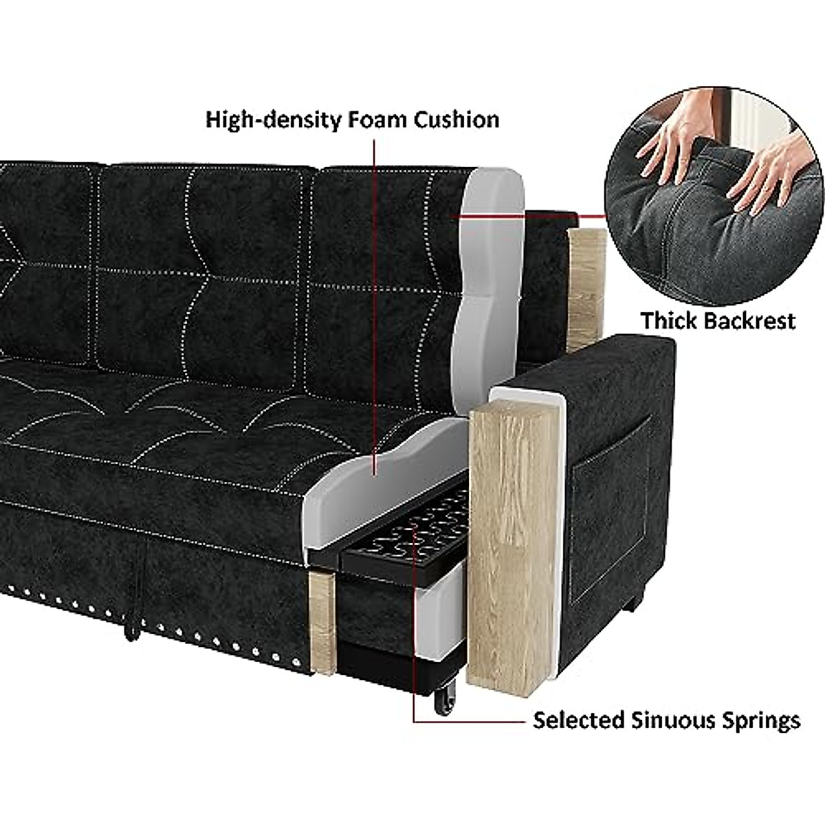 Ucloveria Reversible Sectional Sofa Couch, Sleeper Sofa Bed with Storage Chaise Pull Out Couch Bed for Living Room L-Shape Lounge 2 in 1 Sectional Couch with Pull Out Bed Black