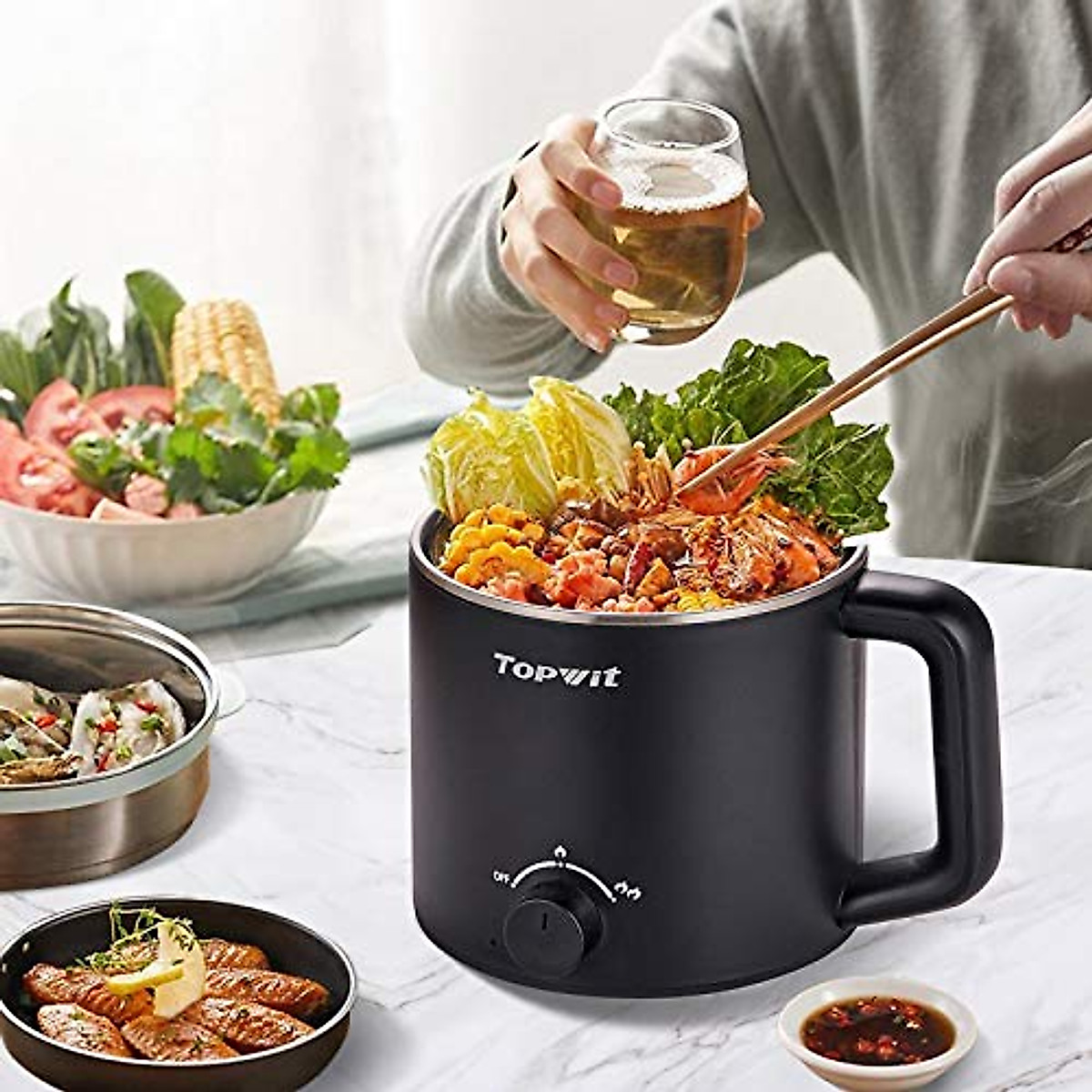 Topwit Electric Hot Pot, Mini Ramen Cooker, 1.6L Noodles Pot, Multifunctional Electric Cooker for Pasta, Shabu-Shabu, Oatmeal, Soup and Egg with Over-Heating Protection, Boil Dry Protection, Black
