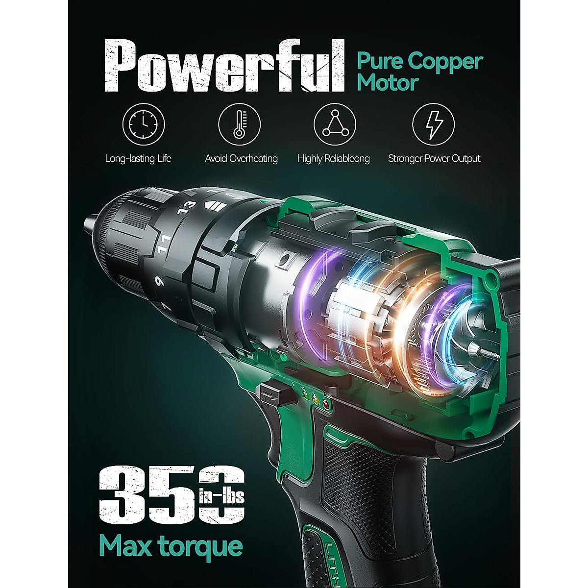 KIMO Hammer Drill - 20V 2X Battery Hammer Drill Cordless Drill Set, 350 In-lb Torque, 3/8" Keyless Chuck, 1350 RPM, 21+3 Position,14pcs Drill/Driver Bits, Power Drill Drivers for Concrete Brick Wall