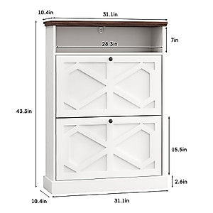 Maupvit Shoe Storage Cabinet with 2 Flip Drawers,Shoe Cabinet with Open Storage,Hidden Shoe Storage Slim Storage Cabinet with Barn Door Design,Narrow Shoe Rack Cabinet for Entryway,Antique White
