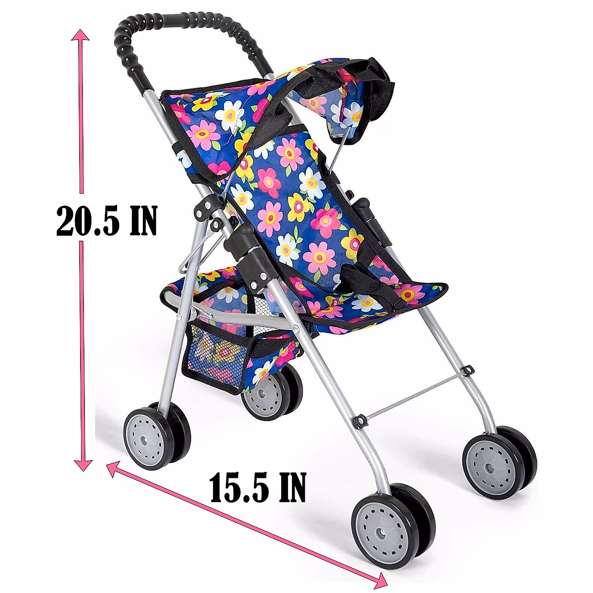 fash n kolor® - Doll Stroller My First Baby Doll Strollers Toy - Flower Design with Basket in The Bottom- Doll Accessories 2 Free Magic Bottles Included - New Year Gift, Boys, Girls