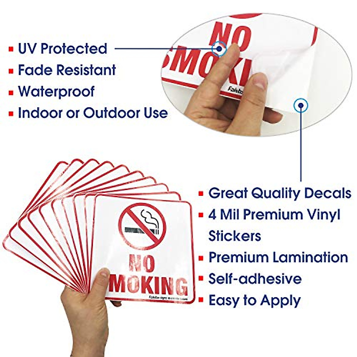 10 Pack No Smoking Stickers, No Smoking Stickers Decals, 6x6 inch Self-Adhesive Vinyl Decal Stickers, UV Printed, Durable Ink, Waterproof, Easy to Mount, Indoor/Outdoor Use