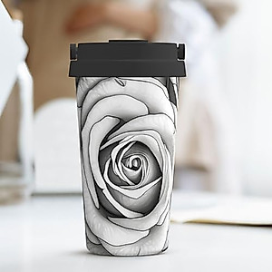 GTKSYNVE Reusable Coffee Mug with Lid and Handle, Black White Rose Tumbler for Hot & Cold Drinks 16oz Stainless Steel Insulated Coffee Tumblers Double Wall Vacuum Thermal Cup