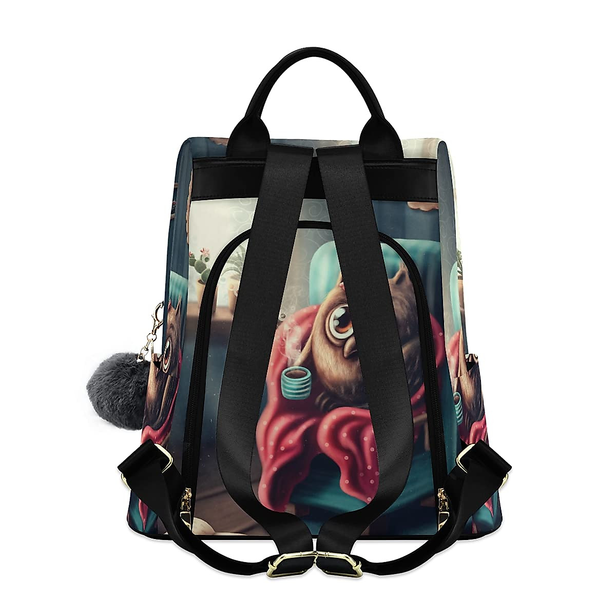 ALAZA Owl Sitting the Chair and Drinking Coffee Backpack with Keychain for Woman Ladies