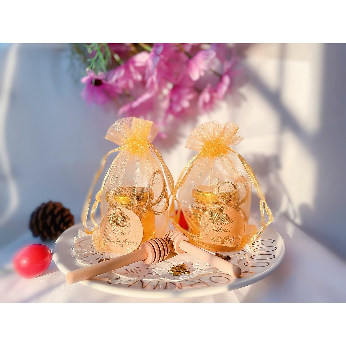 IIKUM 20 Pack 1.5 oz Hexagon Mini Glass Honey Jars with Wooden Dippers, Gold Lids, Bee Pendants, Golden Gift Bags, Thank You Cards, Jutes - Perfect for Baby Shower, Wedding Favors and Party Favors