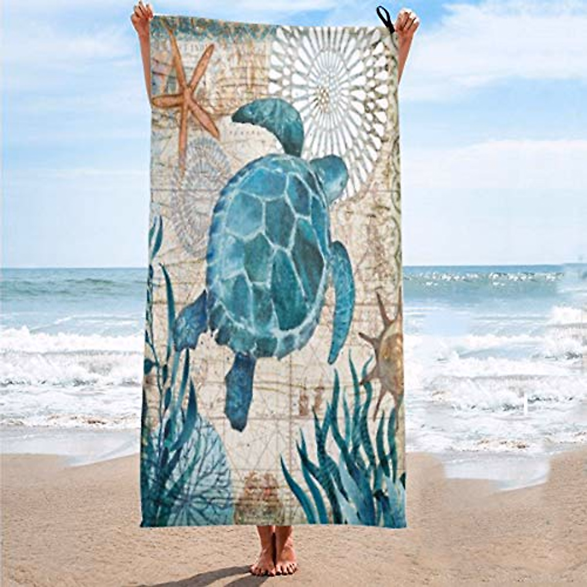 Nautical 5 Pcs Sea Turtle Shower Curtain Set with Rugs and Towels Include Non-Slip Rugs, Toilet Lid Cover and Bath Mat Ocean Waterproof Shower Curtain Sets with 12 Hooks