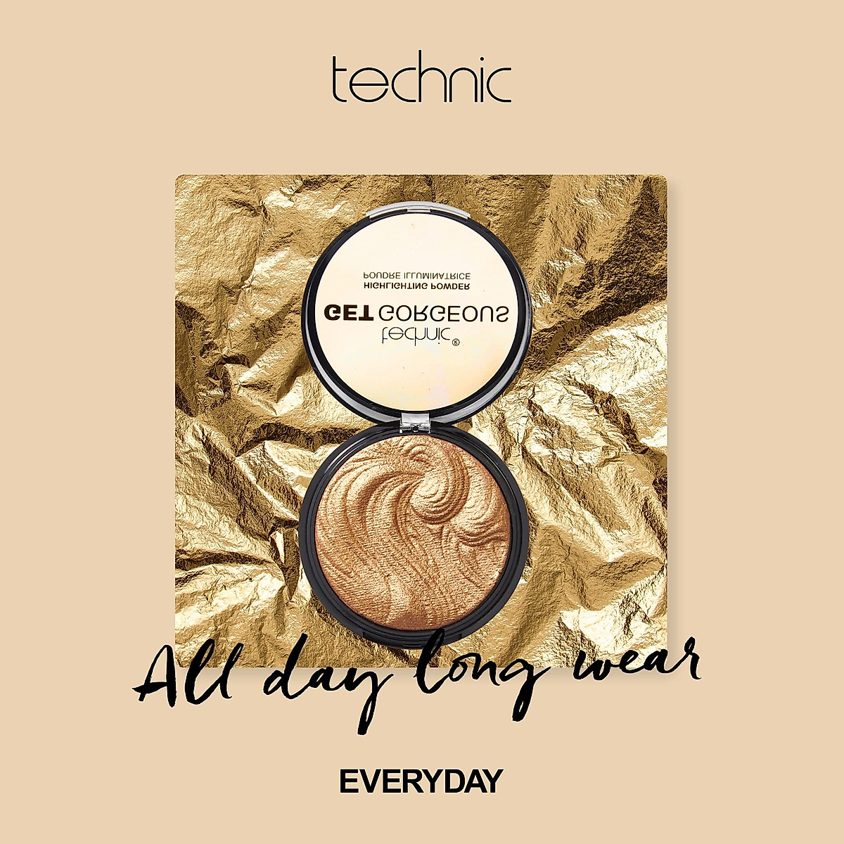 Technic Get Gorgeous Highlighting Powder - Pressed Shimmer Face Makeup Compact for a Golden Glow. Shade: 24CT Gold