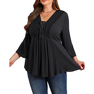 Pinup Fashion Plus Size Tunic Tops Black Women Bell 2/4 Sleeve Fall Dressy Casual Lace-Up V Neck Empire Waist Tassel Peplum Top 2X