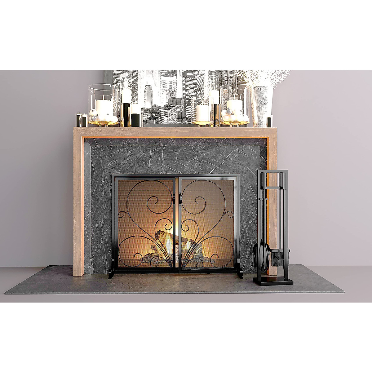 CALIDOLA 5 Pieces Fireplace Tools Set Wrought Iron Fireplace Tools with Chimney Poker, Tongs, Shovel, Brush and Stand Hearth Accessories Set, Black