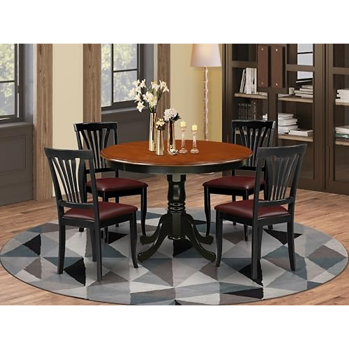 East West Furniture HLAV5-BCH-LC 5 Piece Modern Dining Table Set Includes a Round Wooden Table with Pedestal and 4 Faux Leather Dining Room Chairs, 42x42 Inch, Black & Cherry