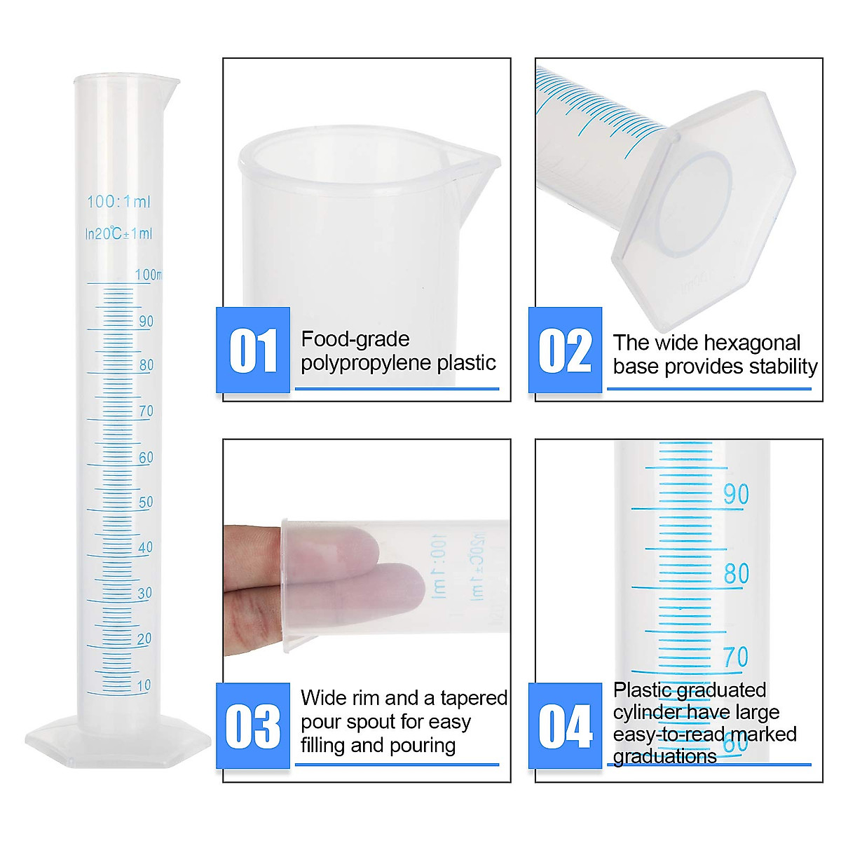 10Pack 100ml Plastic Graduated Cylinder, Transparent Measuring Cylinder Durable Lab Test Tube Flask, 2-Sided Measuring Lines Graduated Cylinder Beaker for Science Projects, Pour Spout